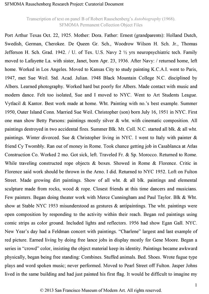 Transcription of text in Robert Rauschenberg's Autobiography (panel B ...