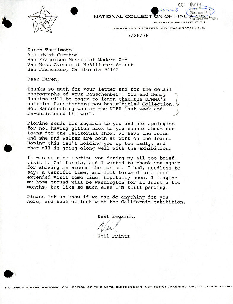 Neil Printz, letter to Karen Tsujimoto, July 26, 1976 · SFMOMA