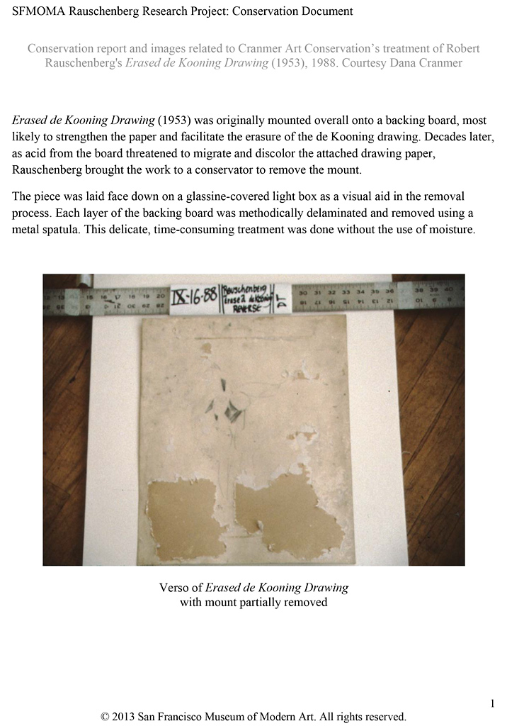 Conservation report relating to Robert Rauschenberg's Erased de Kooning ...