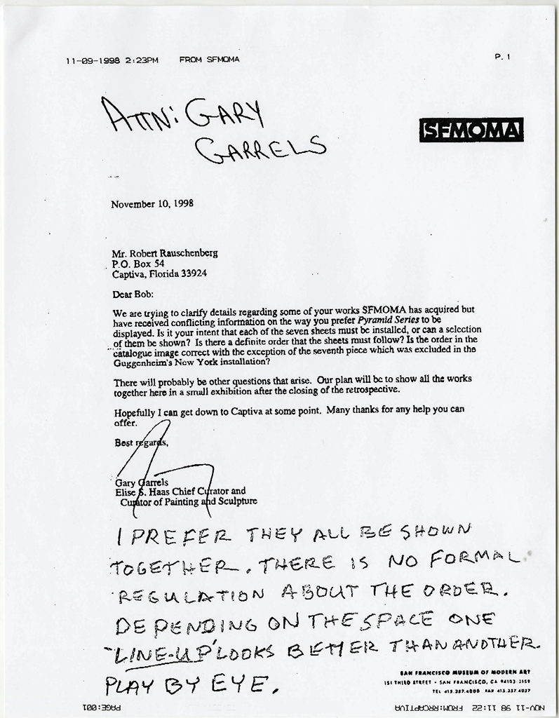 Robert Rauschenberg, fax to Gary Garrels, November 11, 1998 · SFMOMA