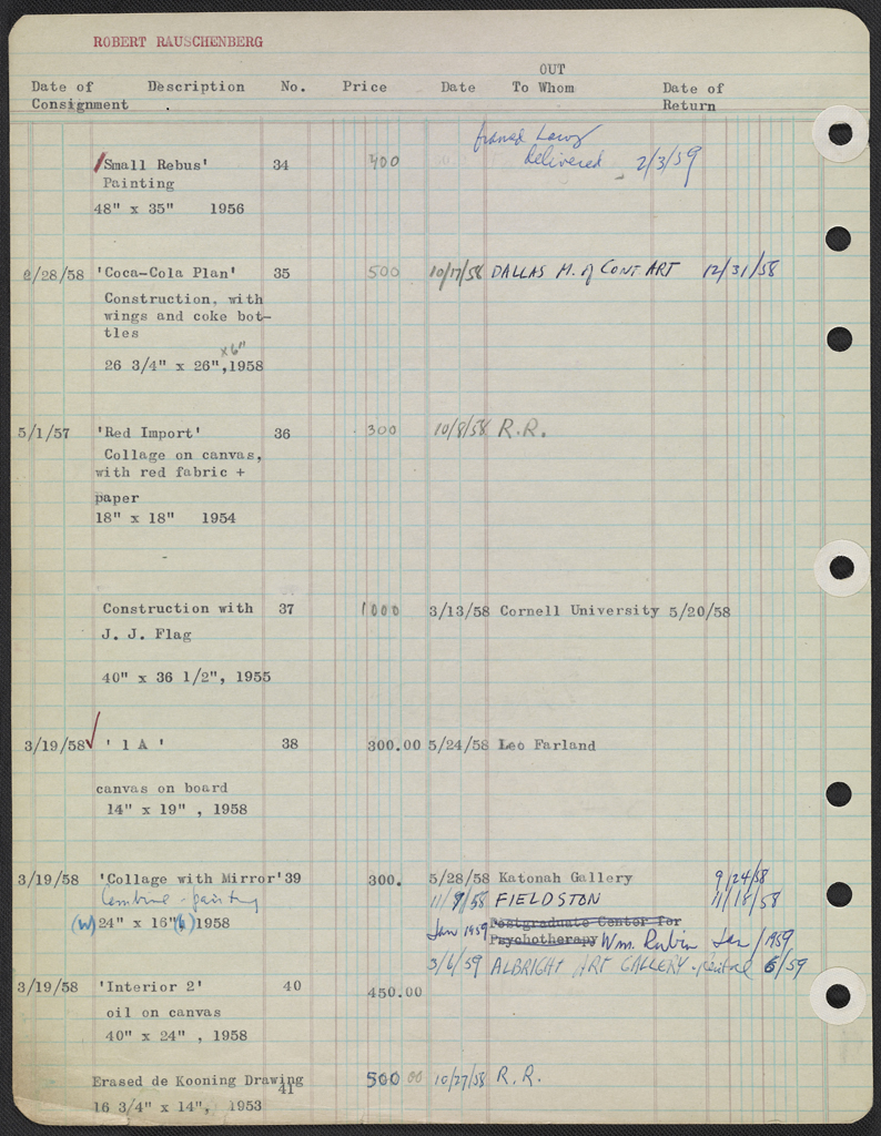 Registry page from Leo Castelli Gallery listing Robert Rauschenberg's ...