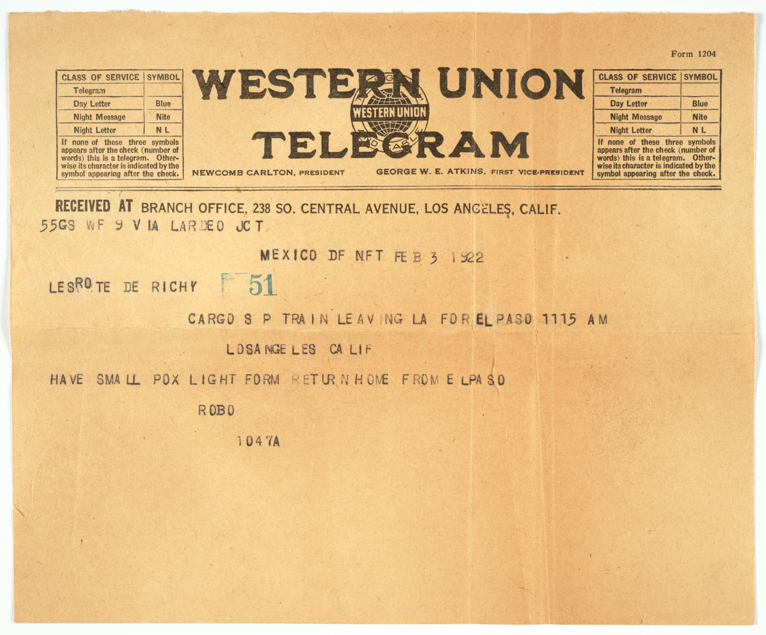 Roubaix de l'Abrie Richey, Telegram from Robo Richey to Tina Modotti ...